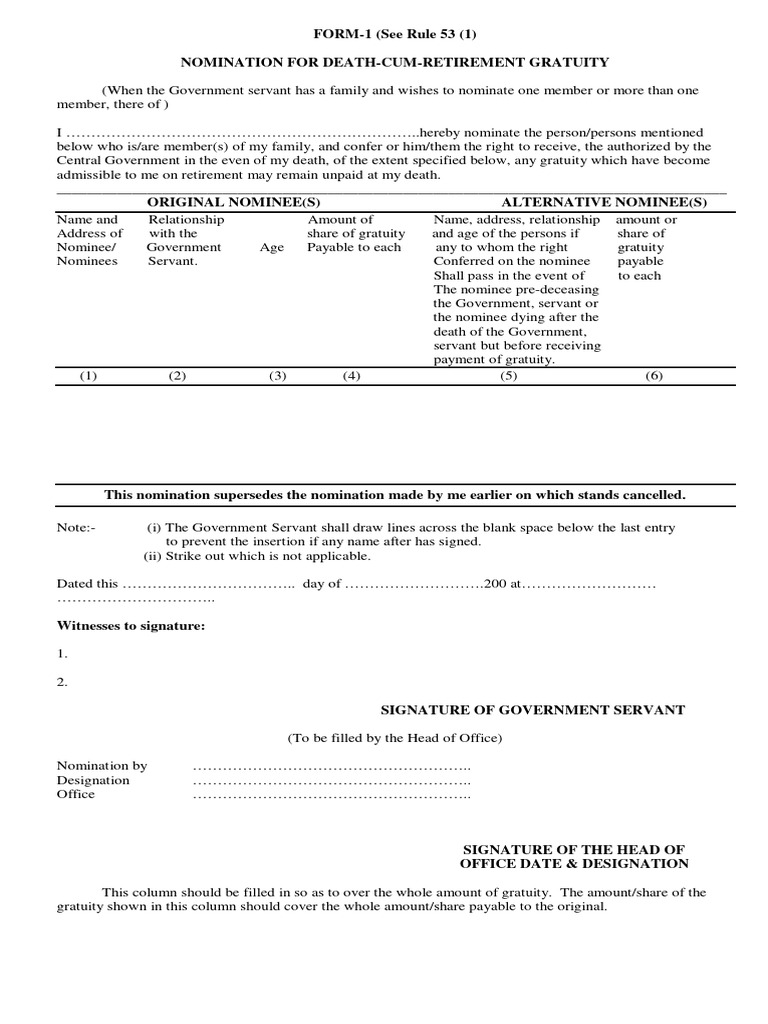 Form-1nomination For Death-Cum-Retirement Gratuity | PDF