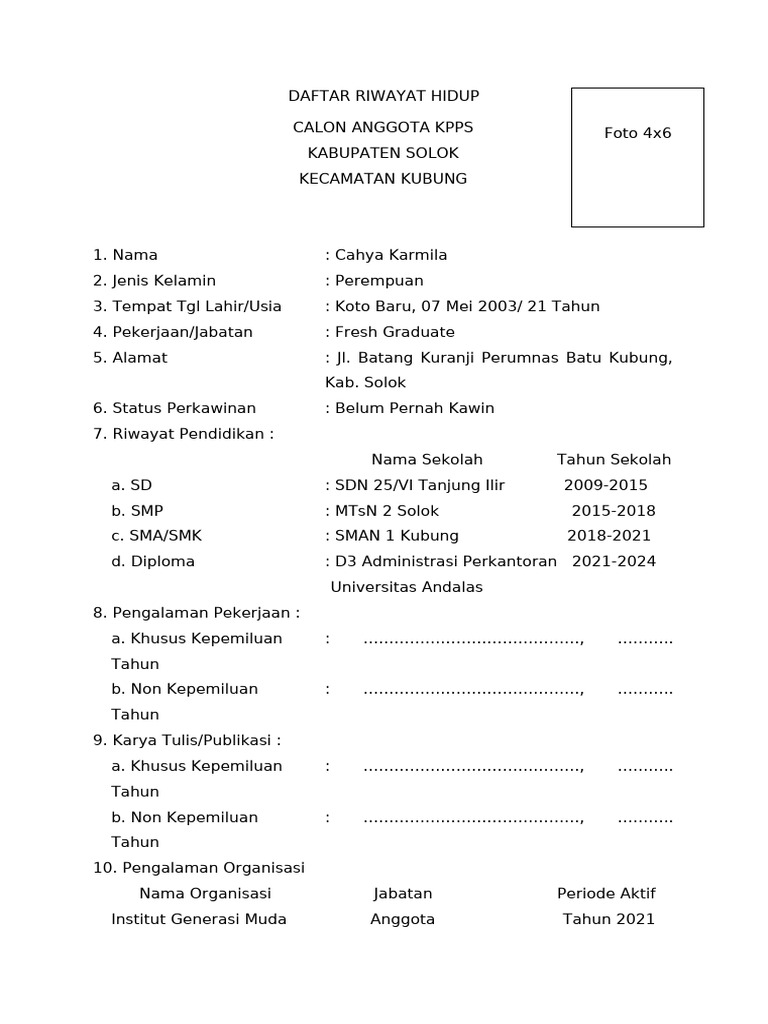 Daftar Riwayat Hidup KPPS | PDF