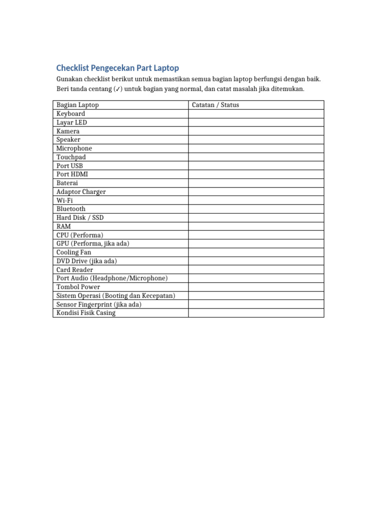Checklist Pengecekan Laptop Lengkap | PDF
