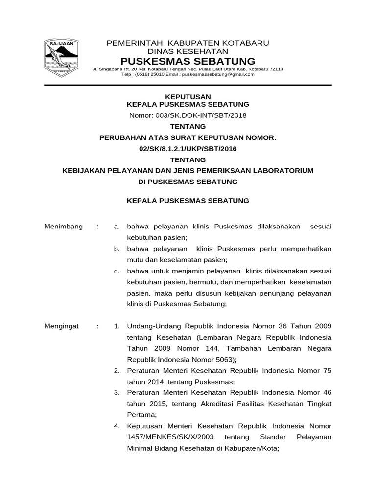 EP. 8.1 SK Kebijakan Pelayanan Laboratorium Dan Jenis Pemeriksaan Lab | PDF