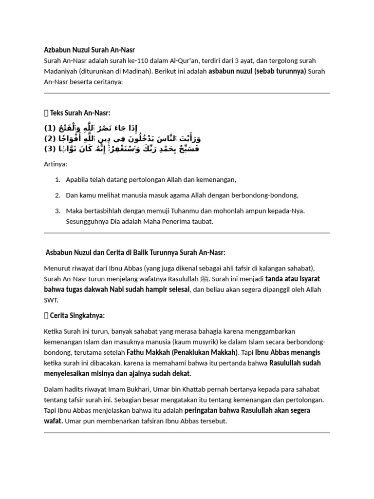 Asbabun Nuzul Surah An-Nasr | PDF