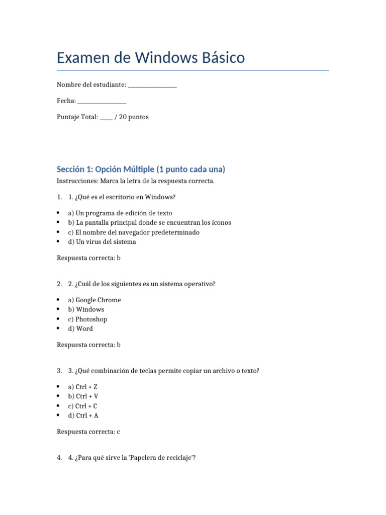 Examen Windows Basico Con Respuestas | PDF | Microsoft Windows | Archivo de computadora
