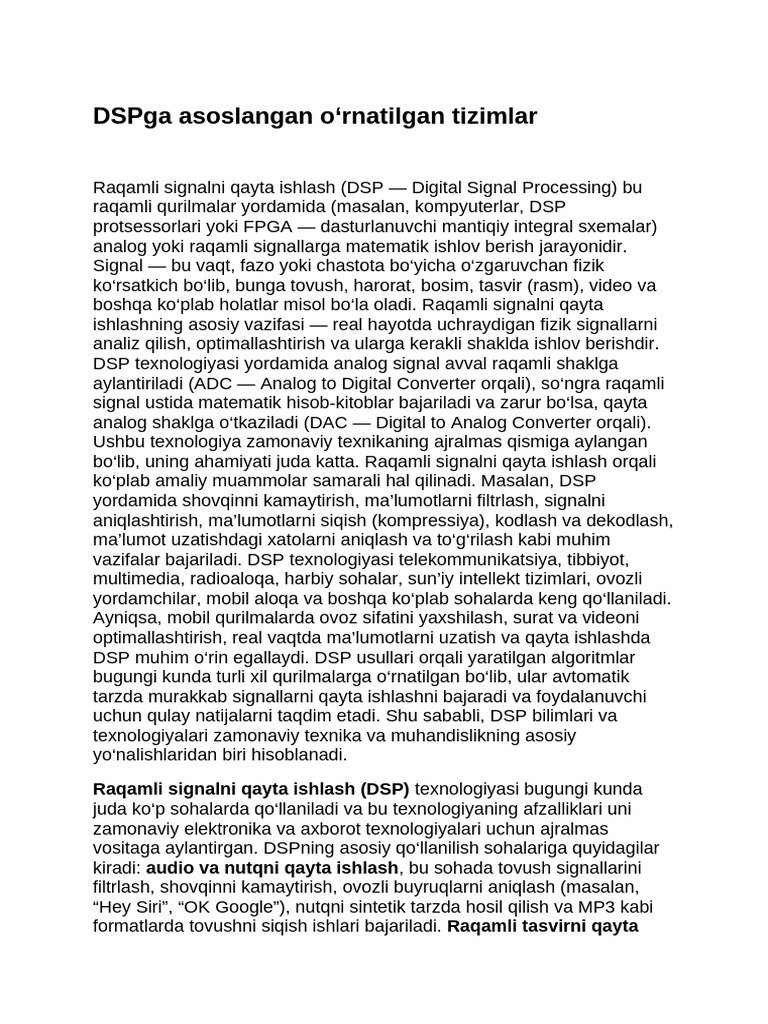 DSPga Asoslangan o Rnatilgan Tizimlar | PDF