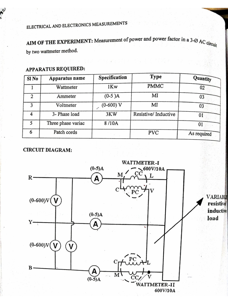 Measurement of Power in Three Phase CKT by 2 Wattmeter Method | PDF