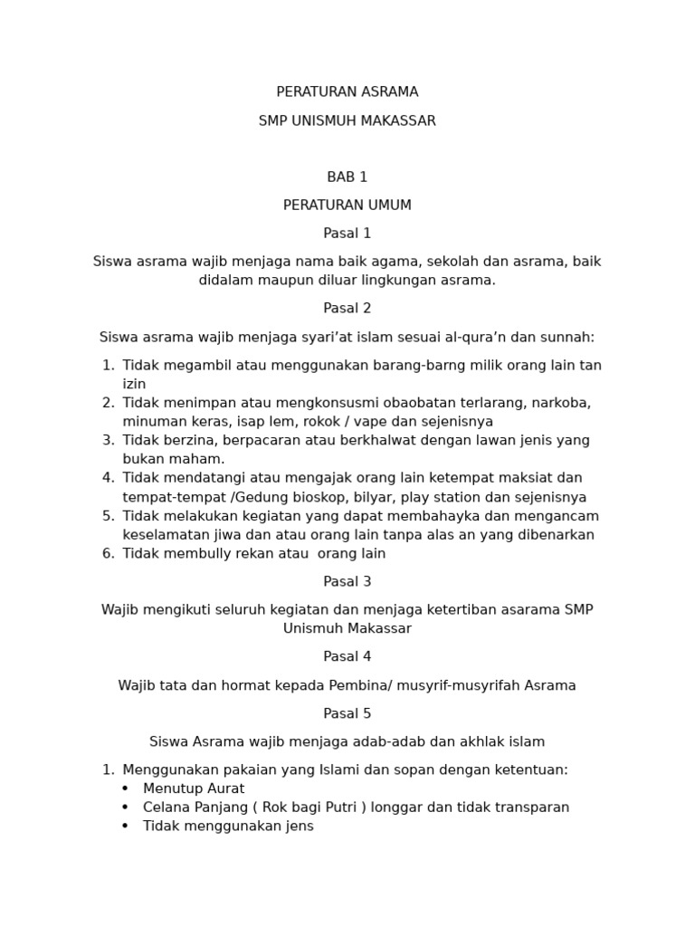 Peraturan Asrama | PDF