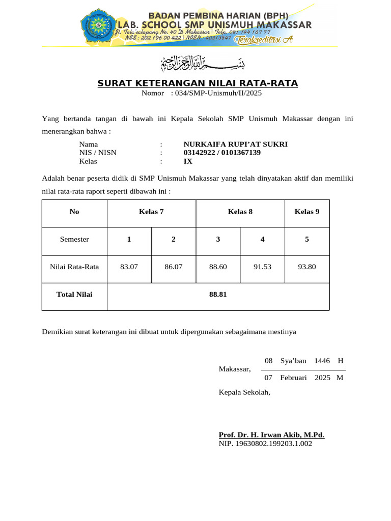 Surat Nilai Rata-rata | PDF