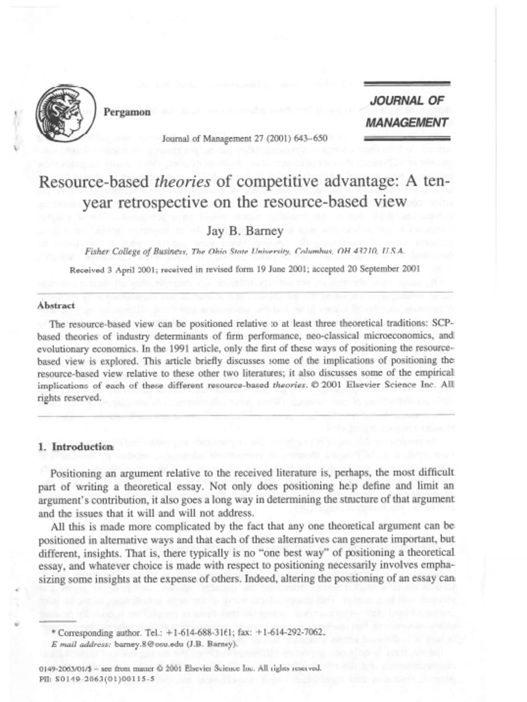 14 Resource Based Theories of Competitive Advantage 10 Yr Retrospective ...