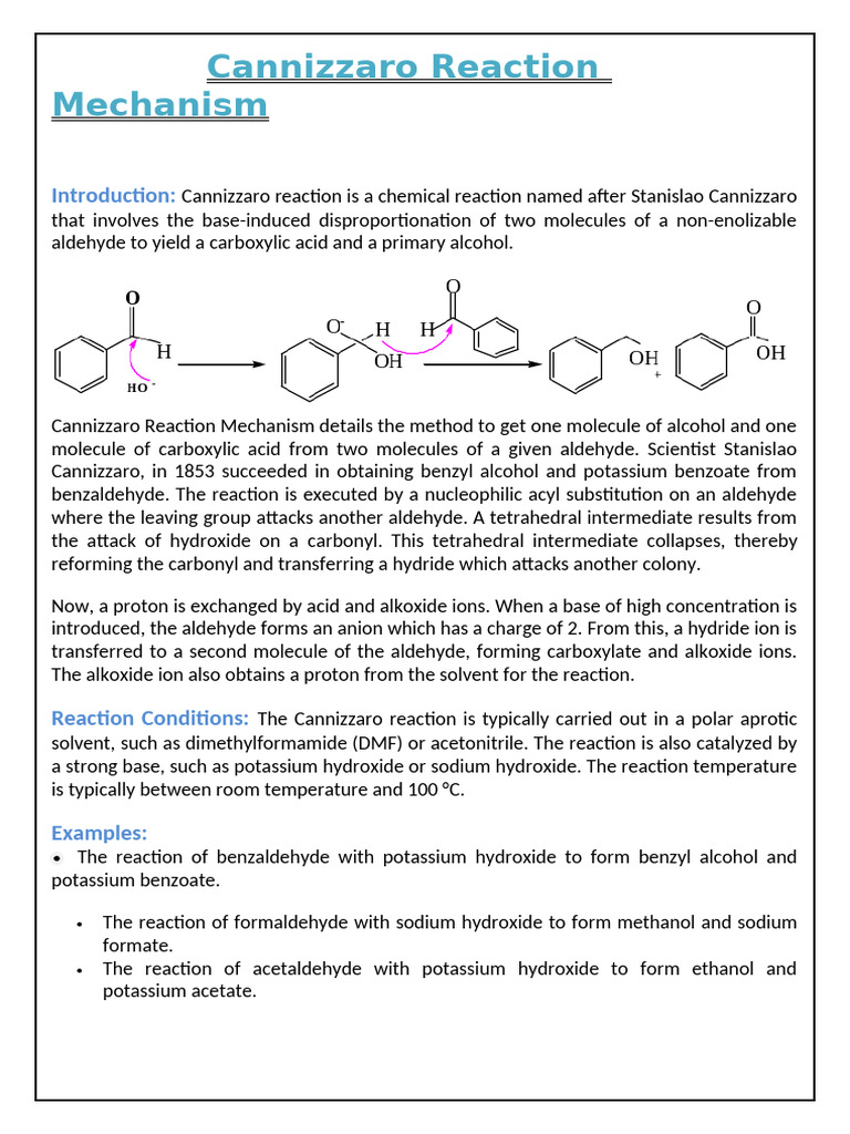 Cannizzaro Reaction Mechanism | PDF | Aldehyde | Chemical Reactions