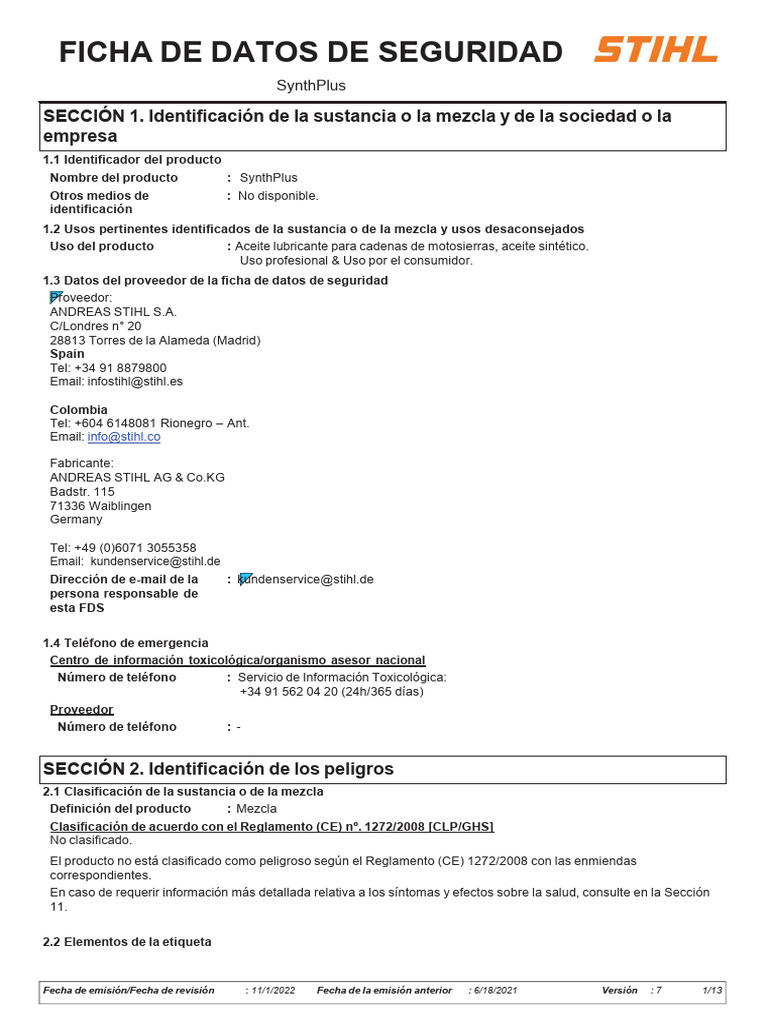 Ficha de seguridad Aceite lubricante | PDF