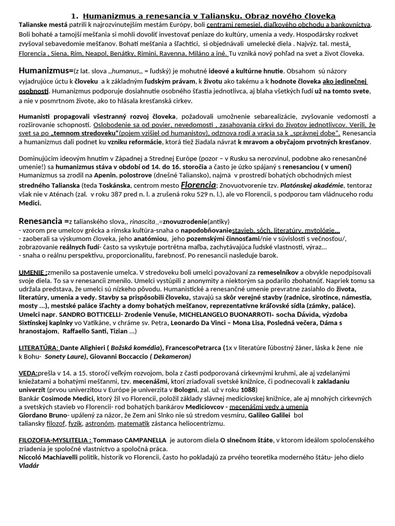 Humanizmus A Renes. V Tal. | PDF