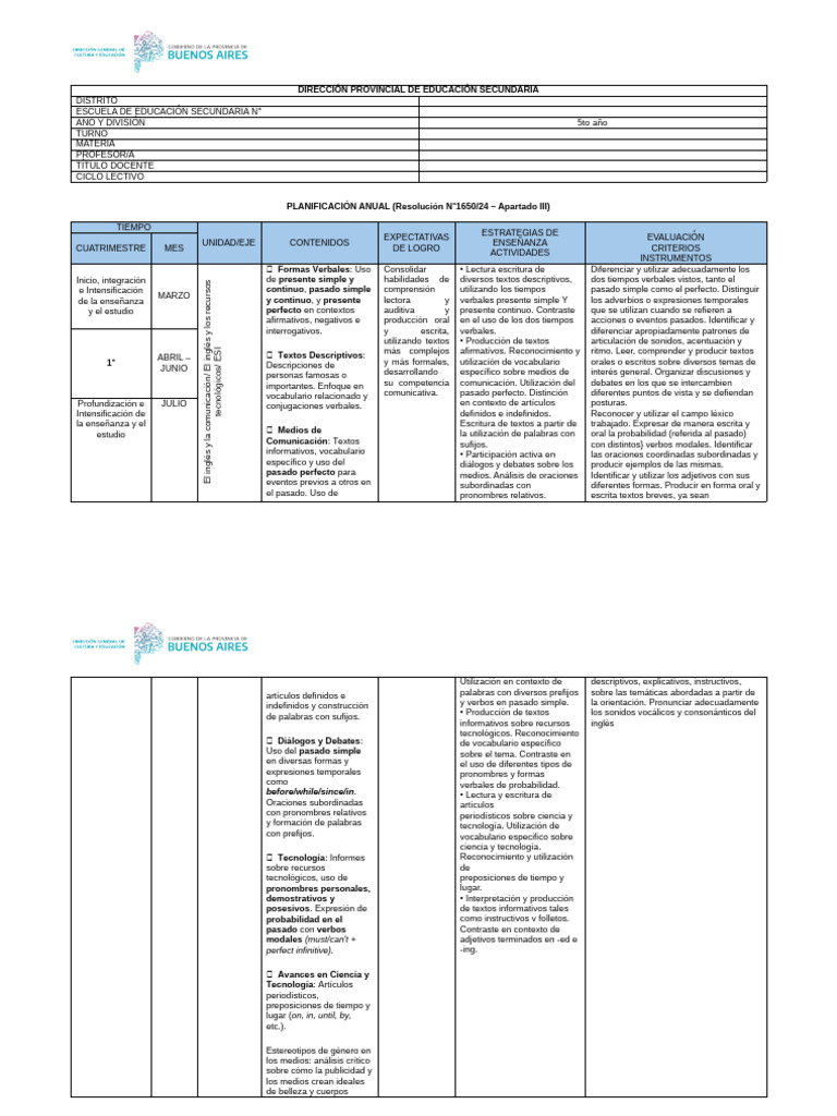 5to Año Planif 2025 | PDF | Léxico | Oración (Lingüística)