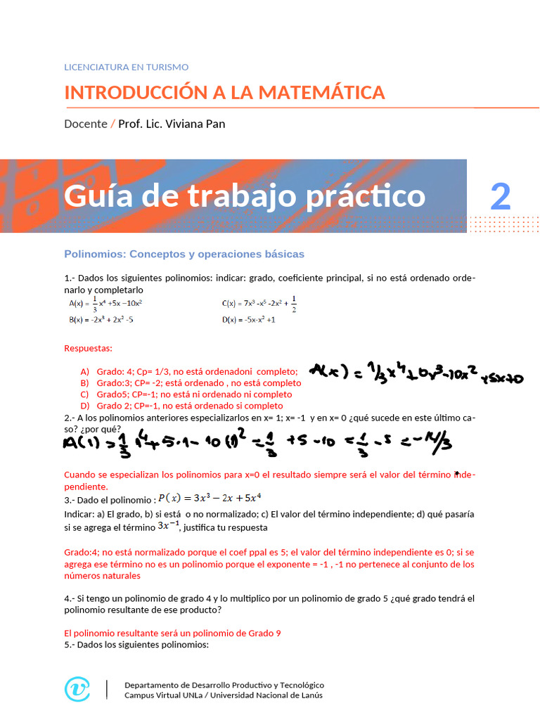 Guia de Ejercicios de Polinomios Con Respuestas | PDF | Matemáticas De ...