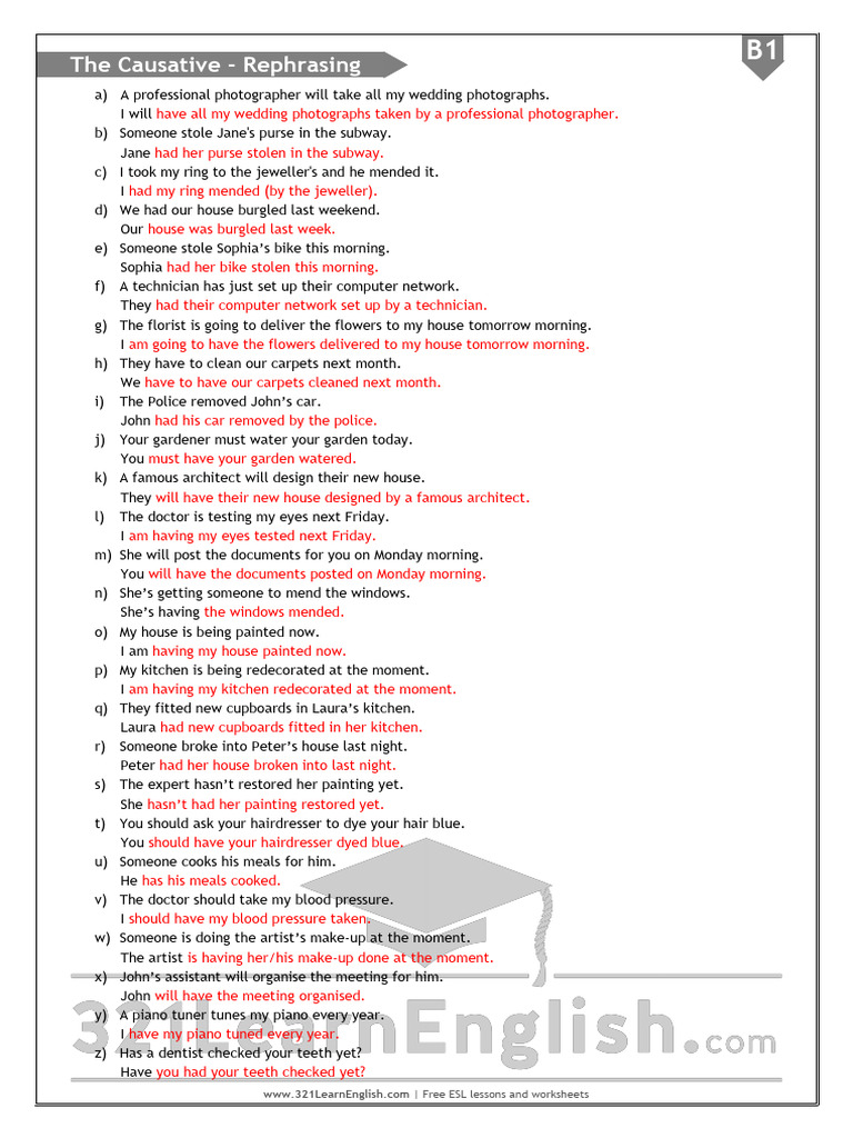 Grammar Causative Have Something Done b1 Rephrasing Key 321LearnEnglish Com | PDF