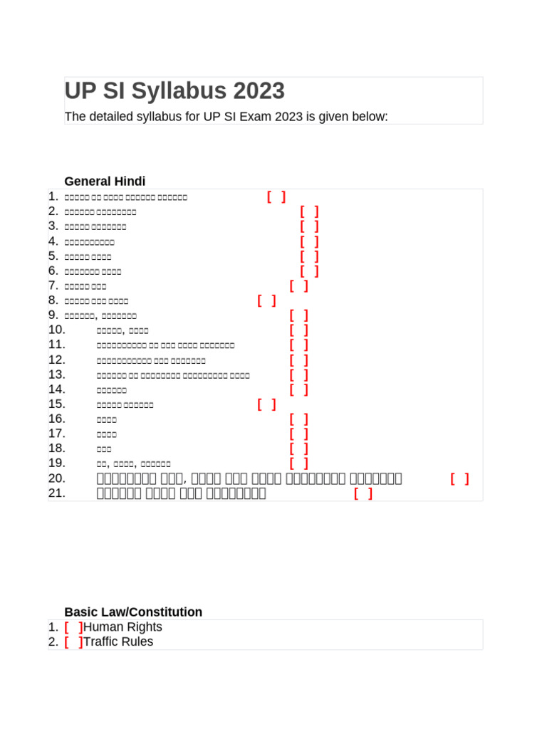Checklist UP SI Syllabus 2025 | PDF | Analogy | Numbers