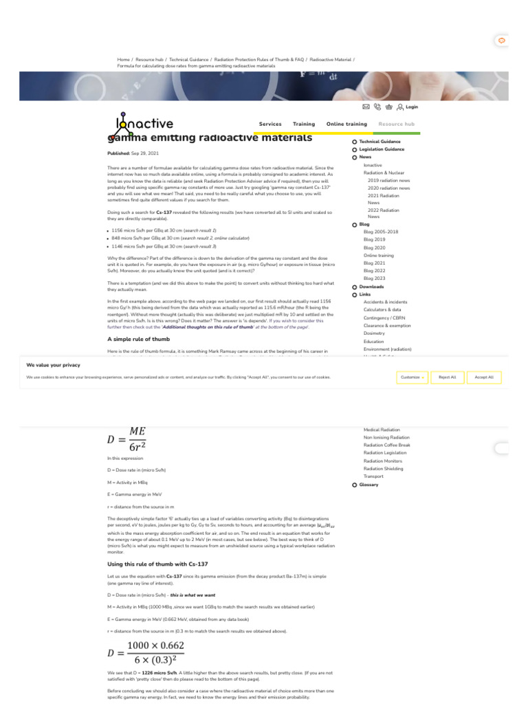 Ionactive - Formula For Calculating Dose Rates From Gamma Emitting ...