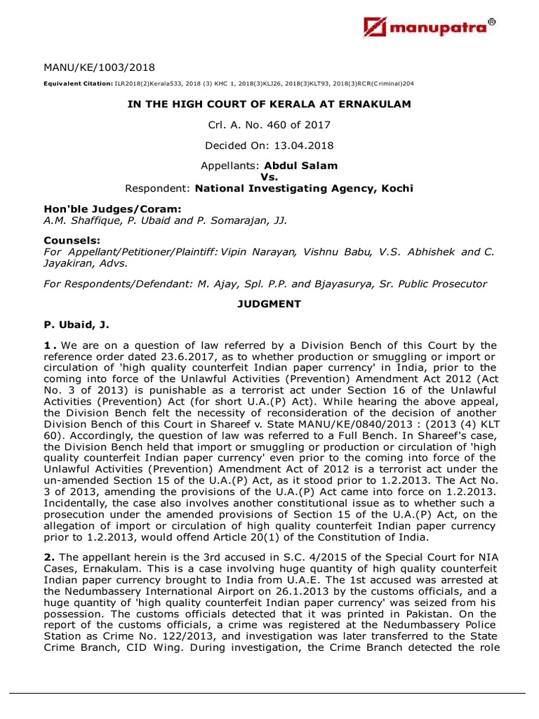 Abdul Salam v. NIA Kerala HC | PDF | Bail | Public Law