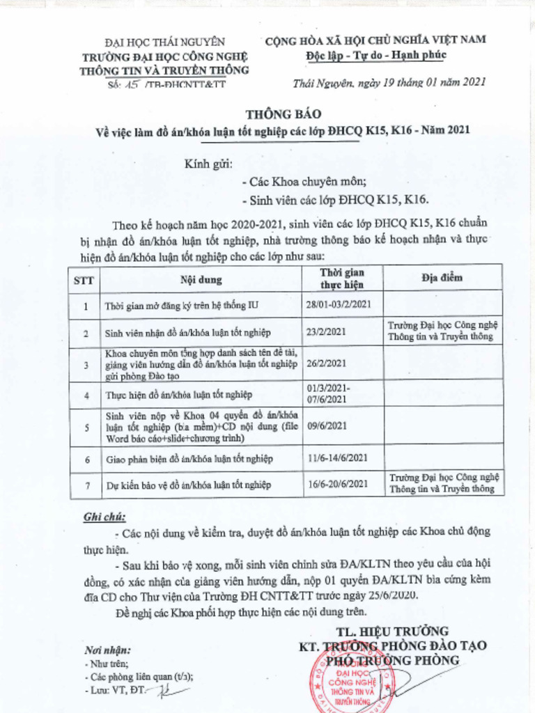 Thong Bao Ke Hoach Lam DATN DHCQ K15 | PDF