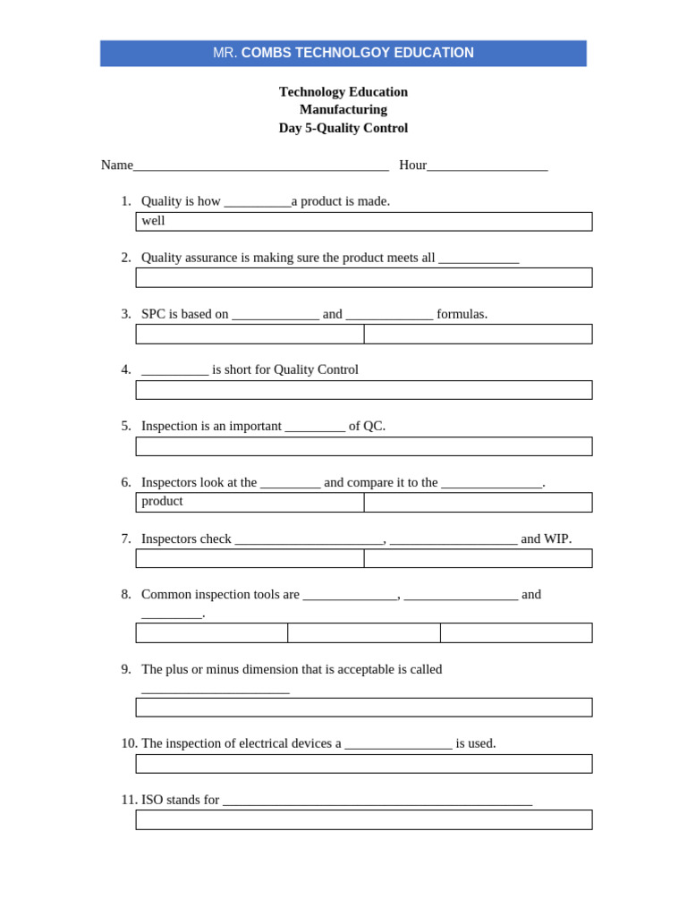 Quality Control Worksheet | PDF