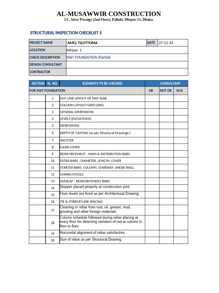 Structural Inspection Checklist - Mat (Consultant) | PDF