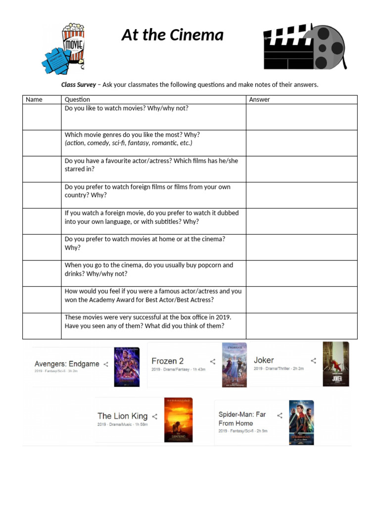 Movies and Cinema Class Survey Conversation Topics Dialogs 121974 | PDF