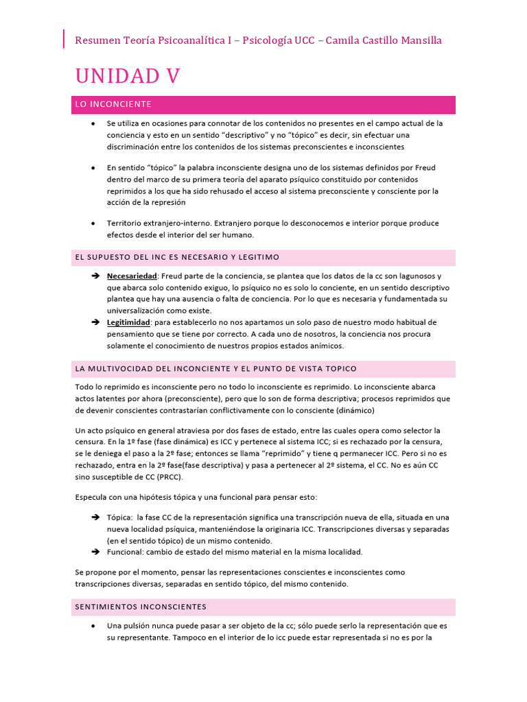 Resumen Psicoanalisis Unidad V | PDF | Mente inconsciente | Psicoanálisis