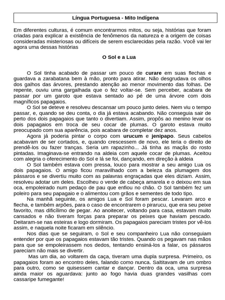 Lenda Indigena o Sol e A Lua | PDF | Povos indígenas das Américas | Caça