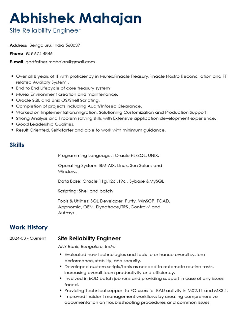 Abhishek Mahajan Resume Murex | PDF | Databases | Scripting Language