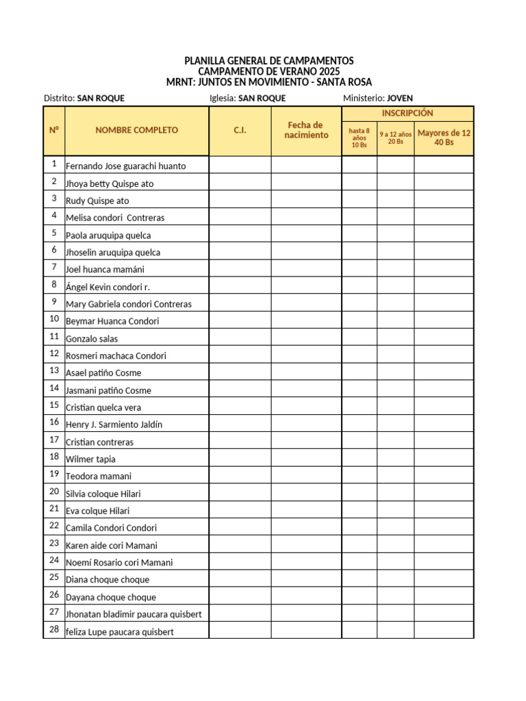 Planilla general Camp. Santa Rosa - 2025 | PDF