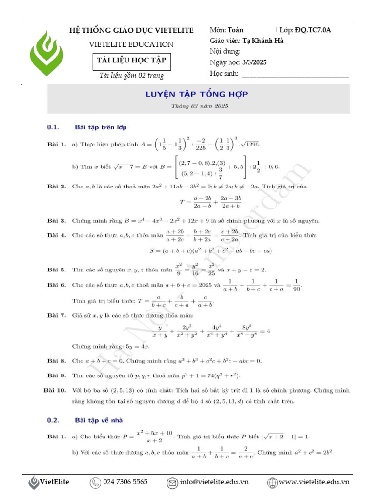 Luyện tập tổng hợp ĐQ.TC7.0A. 3-3 | PDF
