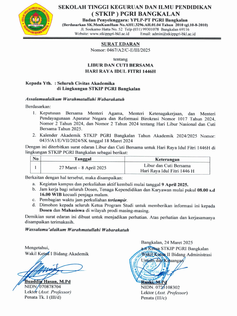 Surat Edaran Libur Dan Cuti Bersama Idul Fitri 1446H | PDF