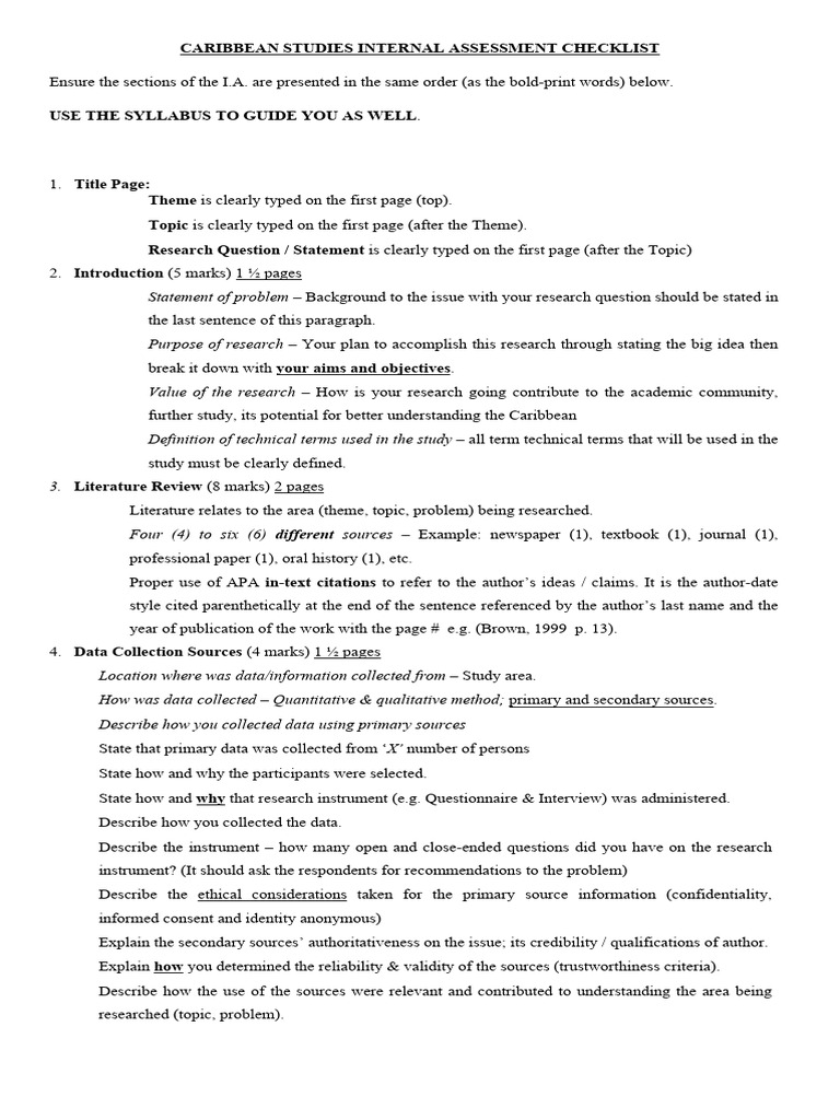 Caribbean Studies IA Checklist | PDF | Citation | Science