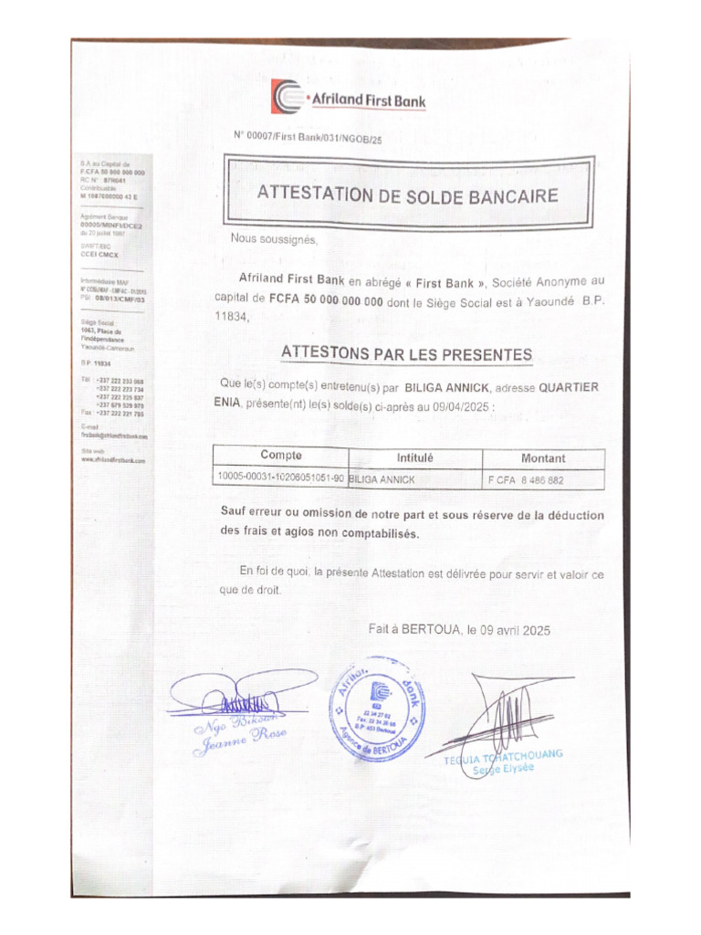 Attestation de Solde Bancaire | PDF