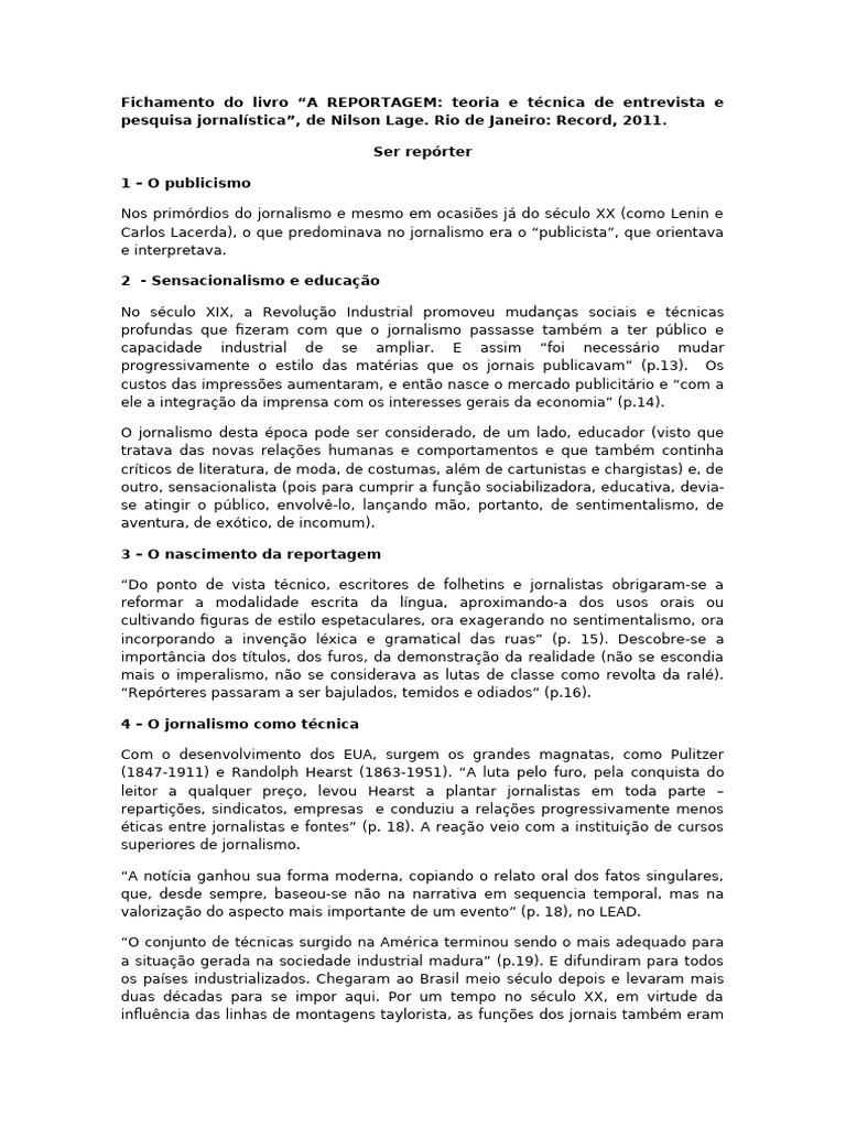 A Reportagem: Teoria e Técnica Jornalística | PDF | Jornalismo | Entrevista
