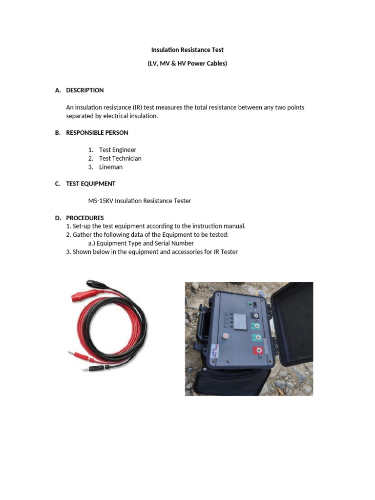 Insulation Resistance Testing for Power Cables | PDF