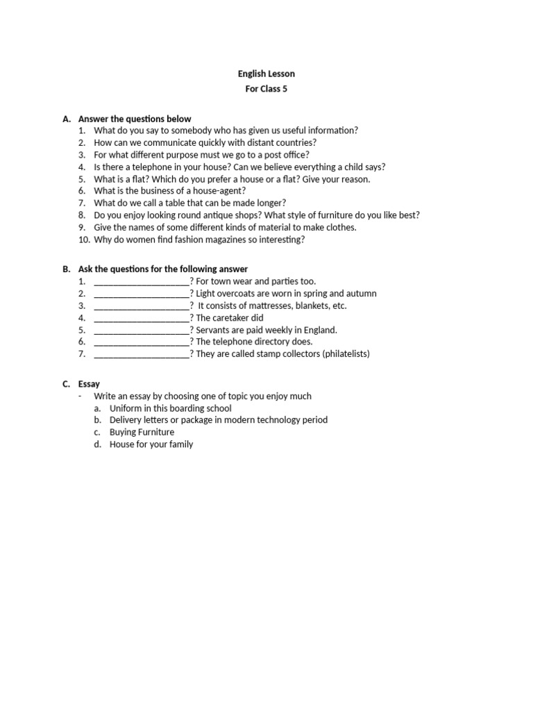 English Lesson For Class 5 Pdf