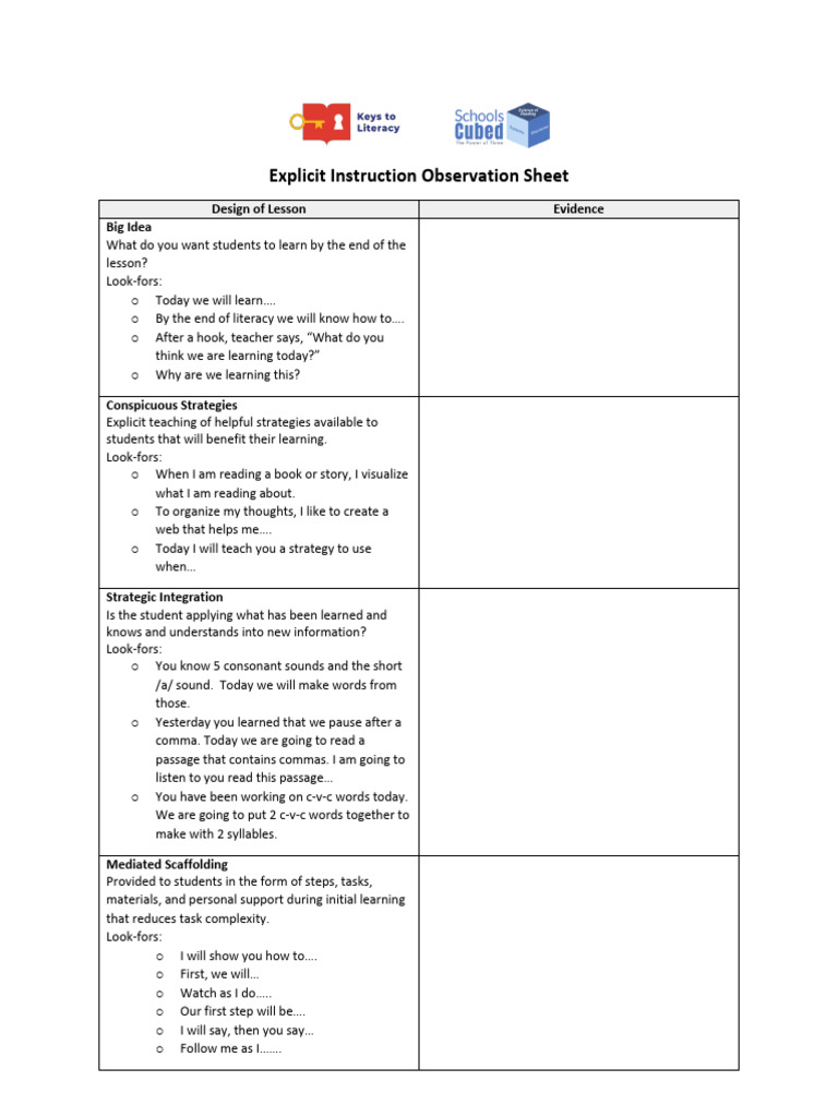 Explicit Instruction Observation Sheet | PDF | Learning | Knowledge