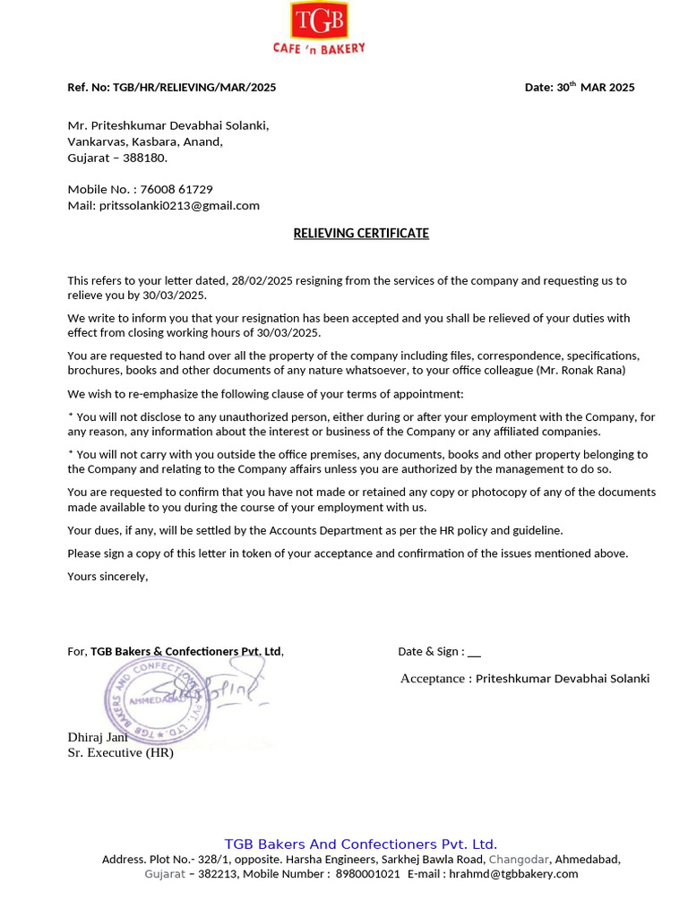 Relieving Letter | PDF