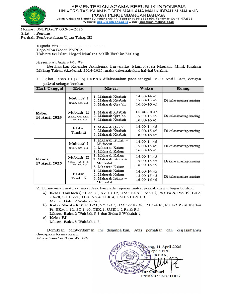 Surat Pemberitahuan Ujian Tahap III UTS 2024-2025 | PDF