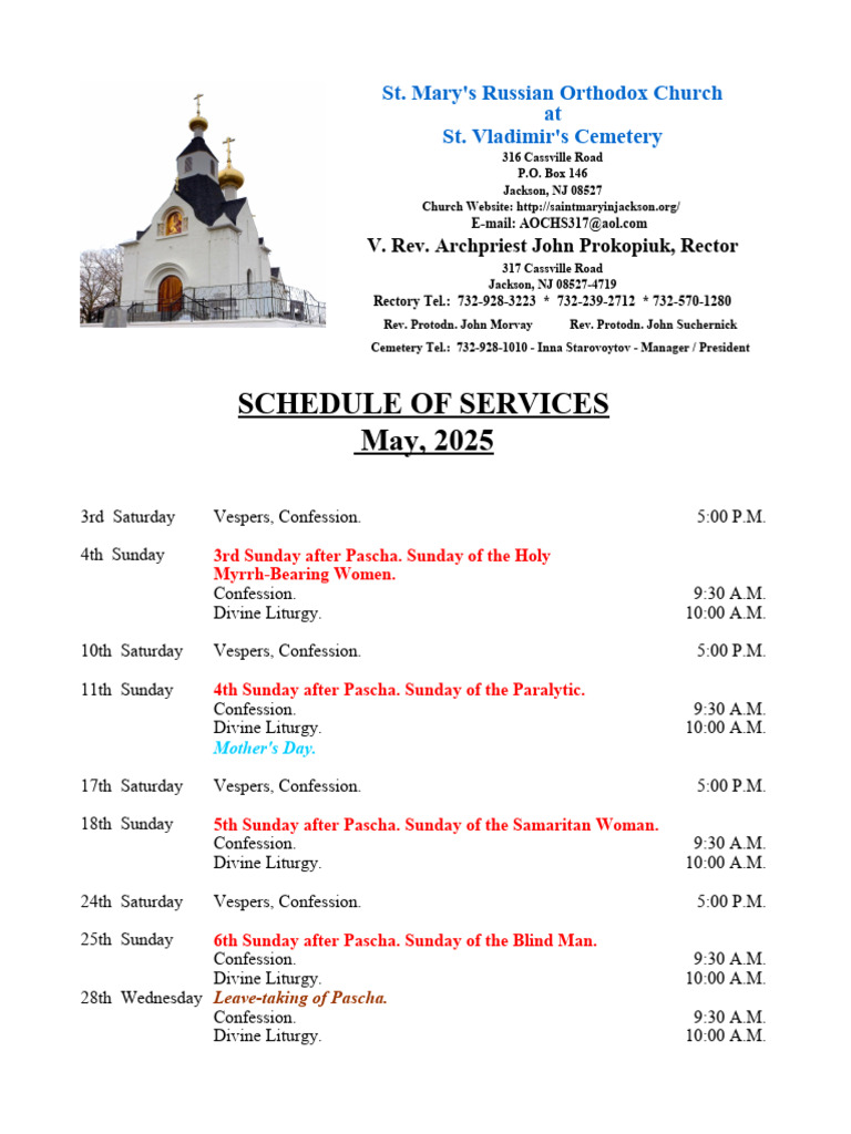 St. Mary's Orthodox Church May 2025 Schedule | PDF | Catholic Liturgy ...