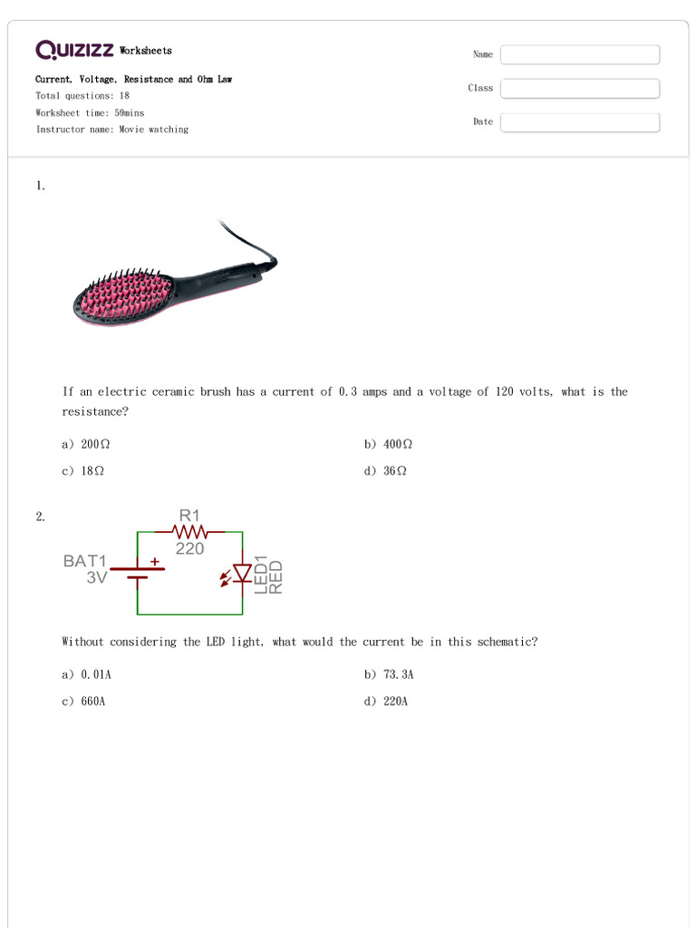 Voltage, Current, and Resistance Worksheet | PDF | Voltage | Volt