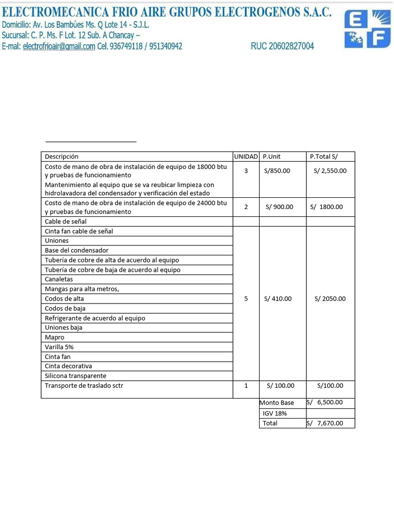 Cotizacion Del Suministro de Materiales y Instalacion de Equipos de ...