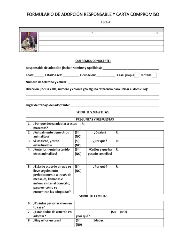 Formulario de Adopción Responsable y Carta Compromiso Maddison y Sonnya | PDF