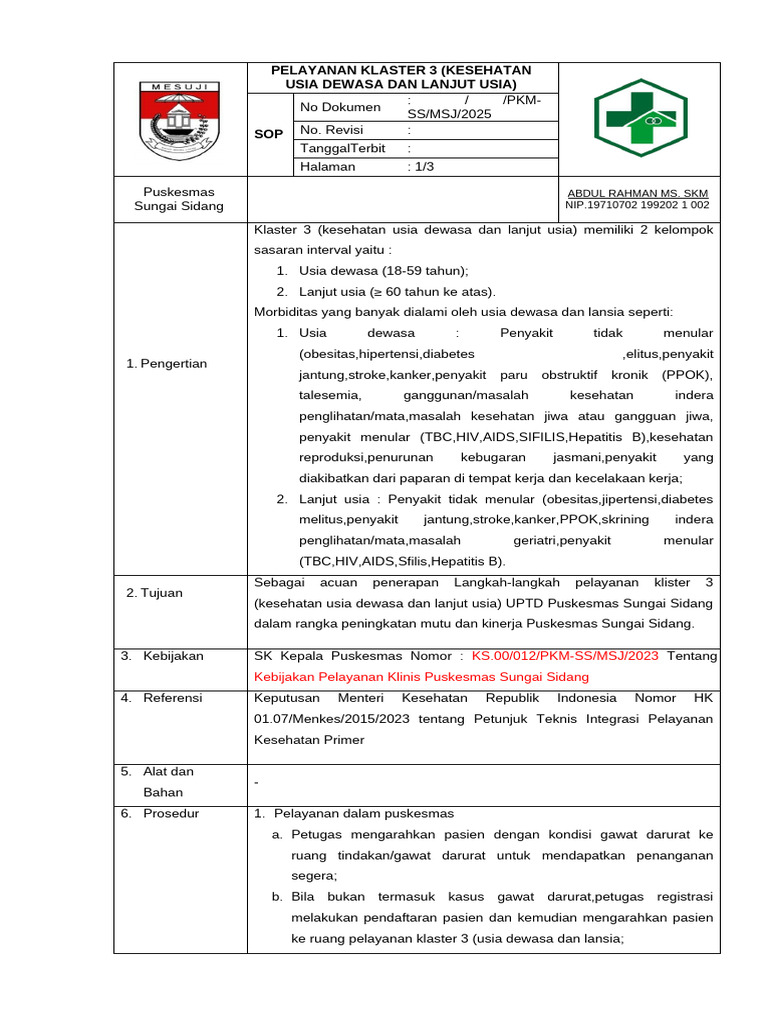 Sop Pelayanan Klaster 3 PKM Susi | PDF