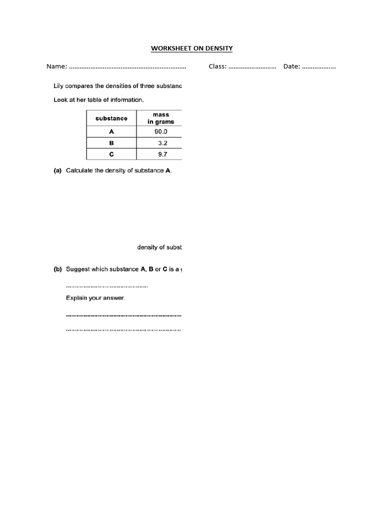 WORKSHEET ON DENSITY | PDF