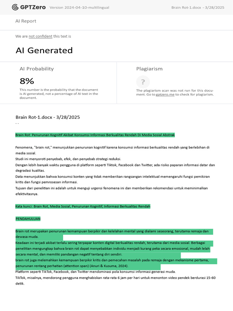 GPTZero AI Scan - Brain Rot | PDF