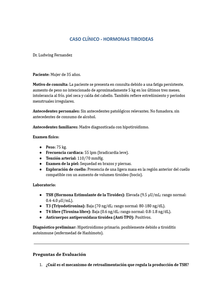 Caso - Clinico - Hormonas Tiroideas | PDF | Hormona estimulante de la tiroides | Hipotiroidismo