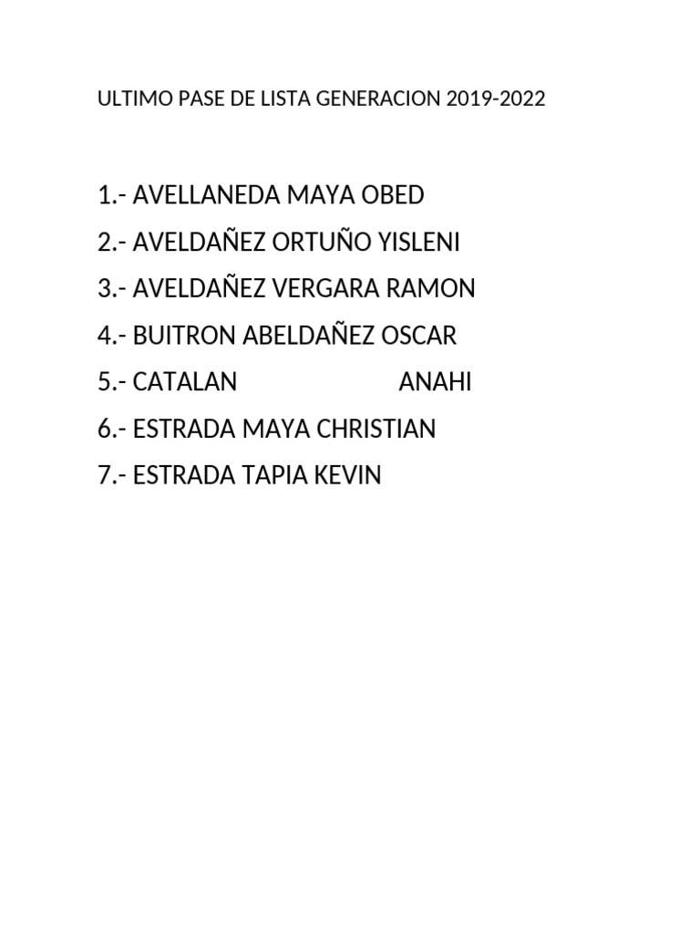 Ultimo Pase de Lista Generacion 2019 | PDF