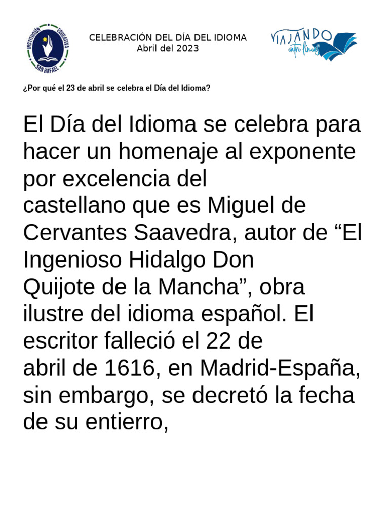 Celebración Del Día Del Idioma Taller | PDF | Lengua española | Don Quijote