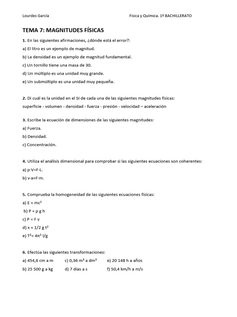 Tema 7 Magnitudes Fisicas Actividades | PDF
