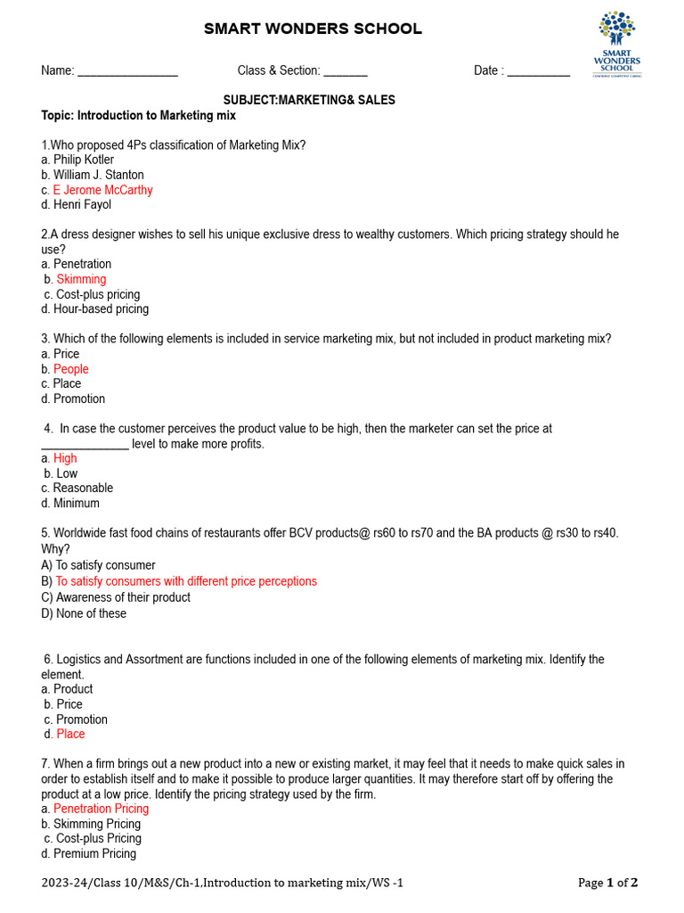 Resource 20250430133212 Unit 1, Introduction To Marketing Mix Aswer Key ...